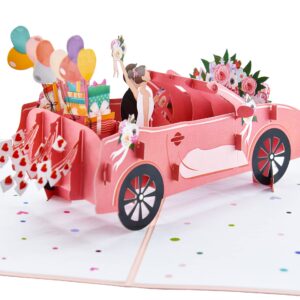 "Just Married" Pink Cadillac Wedding Car with Bride and Groom Pop Up Card for Marriage, Engagement, Anniversary, Valentines Day