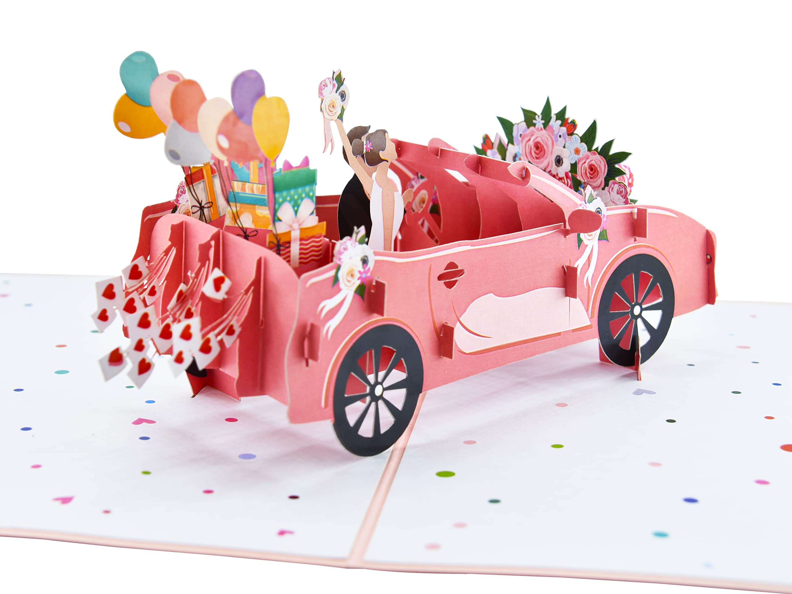 "Just Married" Pink Cadillac Wedding Car with Bride and Groom Pop Up Card for Marriage, Engagement, Anniversary, Valentines Day