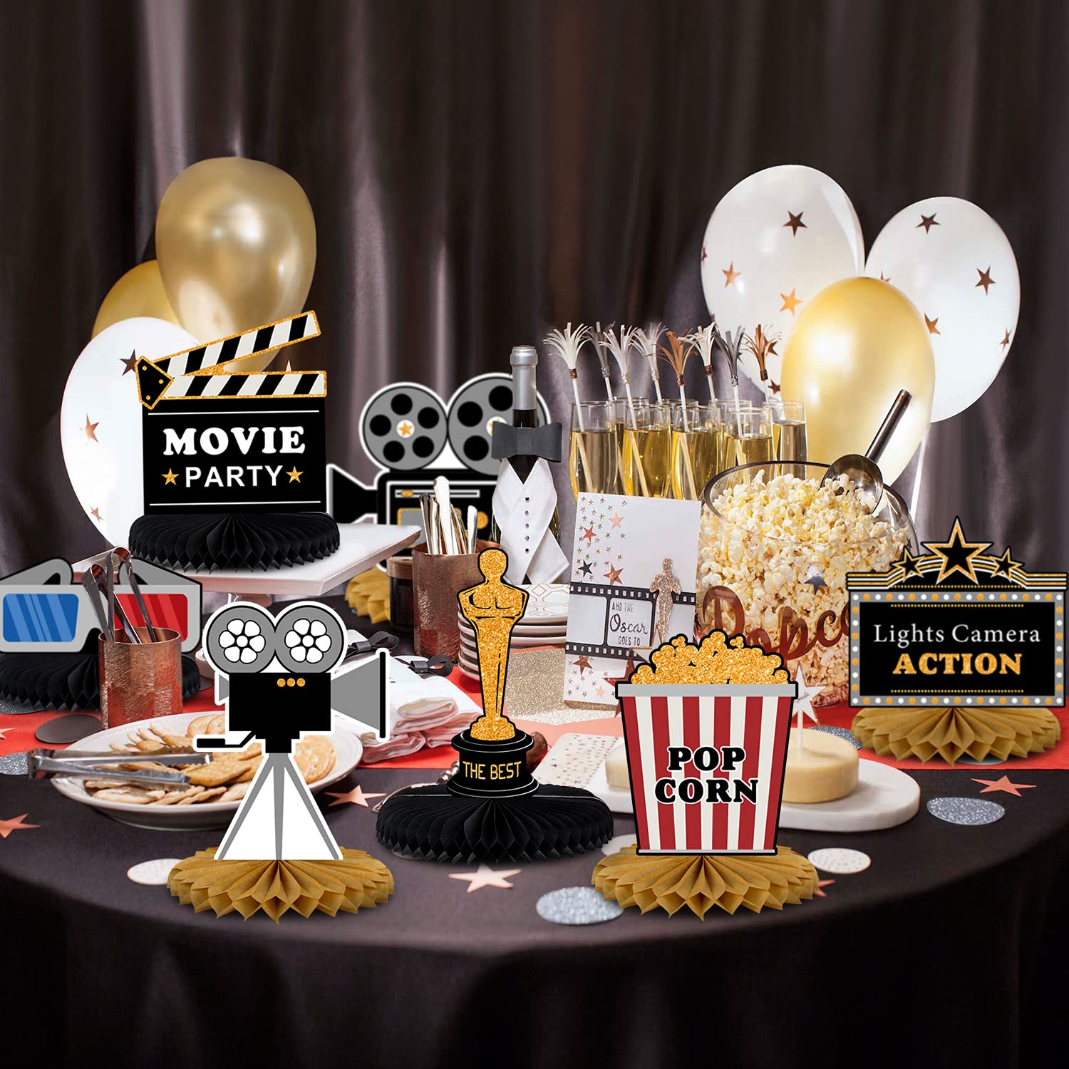 LINGTEER Hollywood Movie Night Table Honeycomb Centerpieces - 9Pcs Oscar Movie Star Cutouts Happy Birthday Film Party Table Decorations Sign.