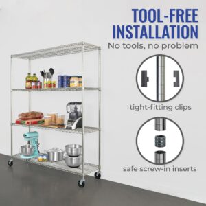 SafeRacks - NSF Certified Storage Shelves, Zinc, Heavy Duty Steel Wire Unit with Wheels and Adjustable Feet, Garage or Bakers Rack, Kitchen, Pantry Shelf - (18"x60"x72" 4-Tier) (Silver)