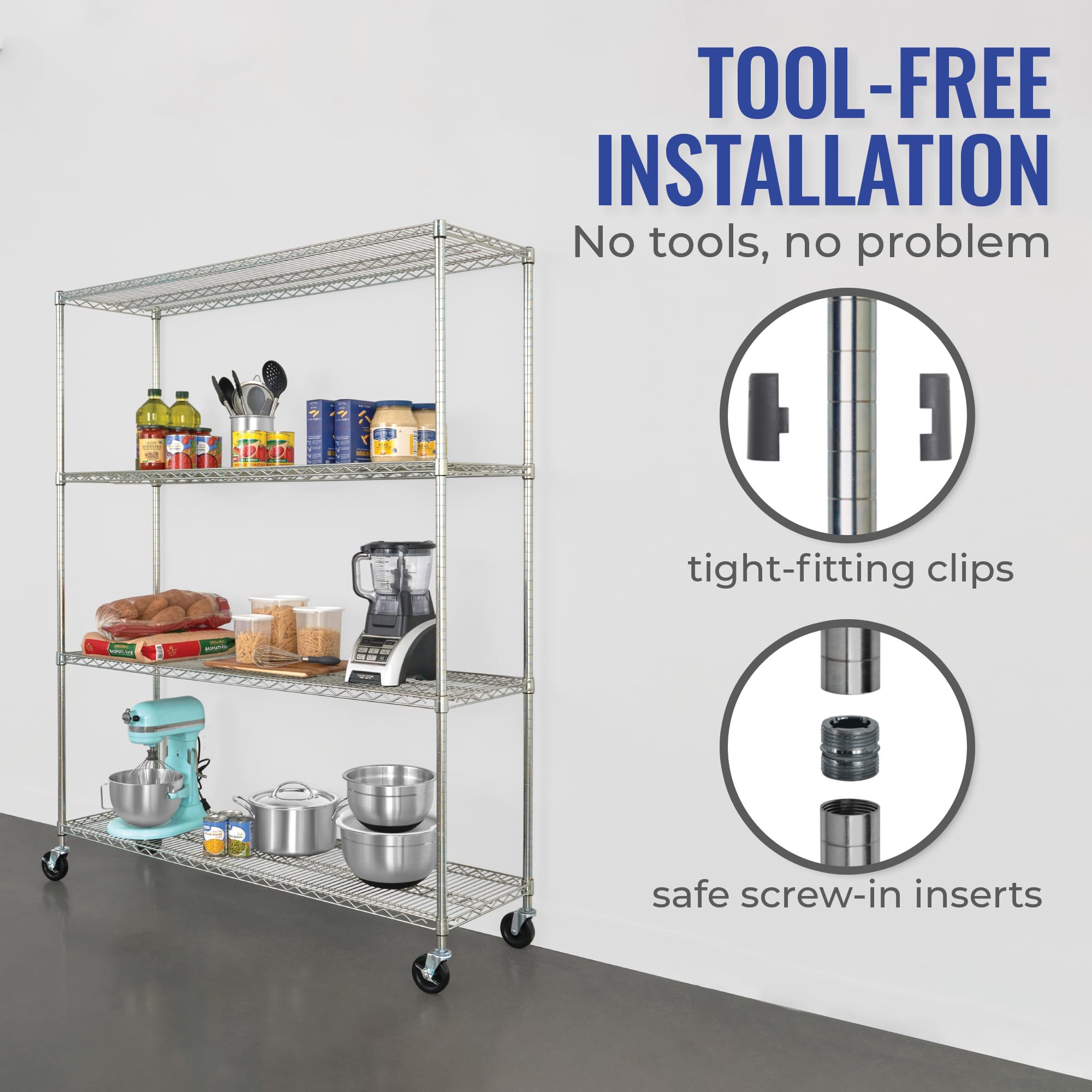 SafeRacks - NSF Certified Storage Shelves, Zinc, Heavy Duty Steel Wire Unit with Wheels and Adjustable Feet, Garage or Bakers Rack, Kitchen, Pantry Shelf - (18"x60"x72" 4-Tier) (Silver)