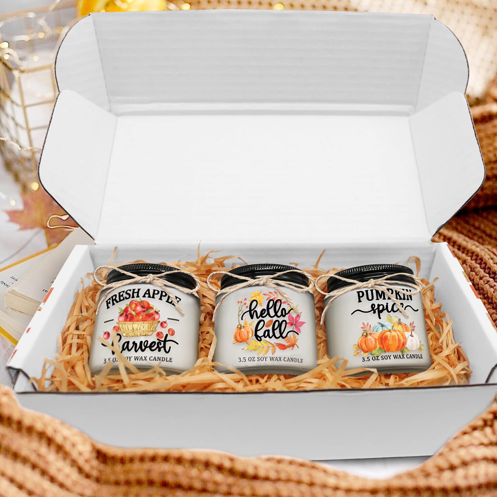 Fall Candles Gift Box Set Hello Fall Pumpkin Spice Fresh Apple Harvest Autumn Holiday Centerpiece Decoration Fall Thanksgiving Presents for Her Set of 3