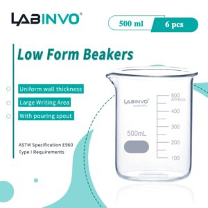 LABINVO Low Form Graduated Glass Beaker, 6pcs of Vol.500ml, 3.3 Borosilicate Glass Beaker Set, IN-BKL500