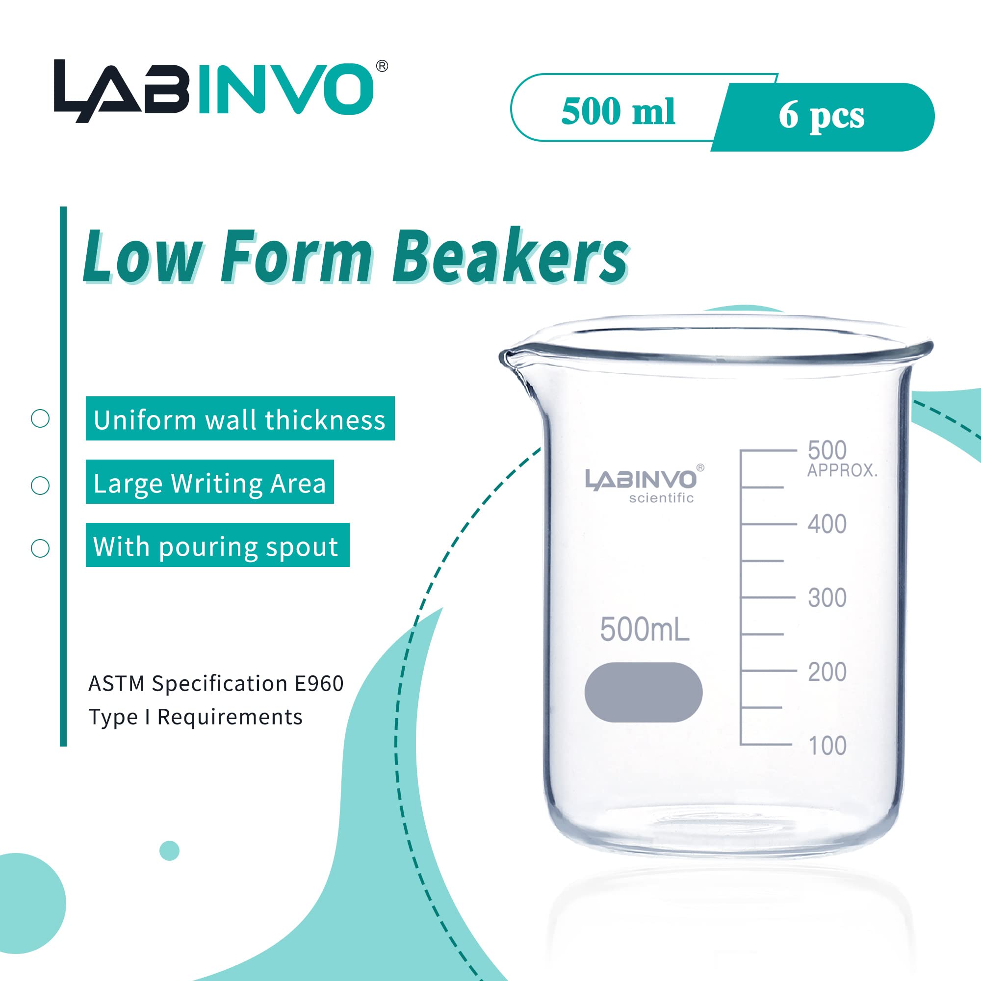 LABINVO Low Form Graduated Glass Beaker, 6pcs of Vol.500ml, 3.3 Borosilicate Glass Beaker Set, IN-BKL500