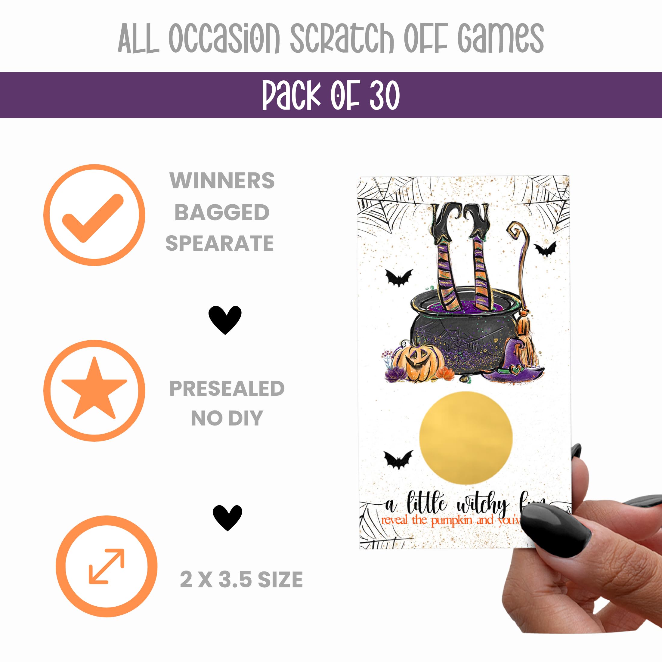 Witchy Fun Halloween Scratch Off Party Game Cards (30 Pack) Witch Scratchers Bridal Shower Halloween Reveal Lotto, Pumpkin Raffles Prize Drawings, Wedding Favors, Spooky Theme Activities for Adults