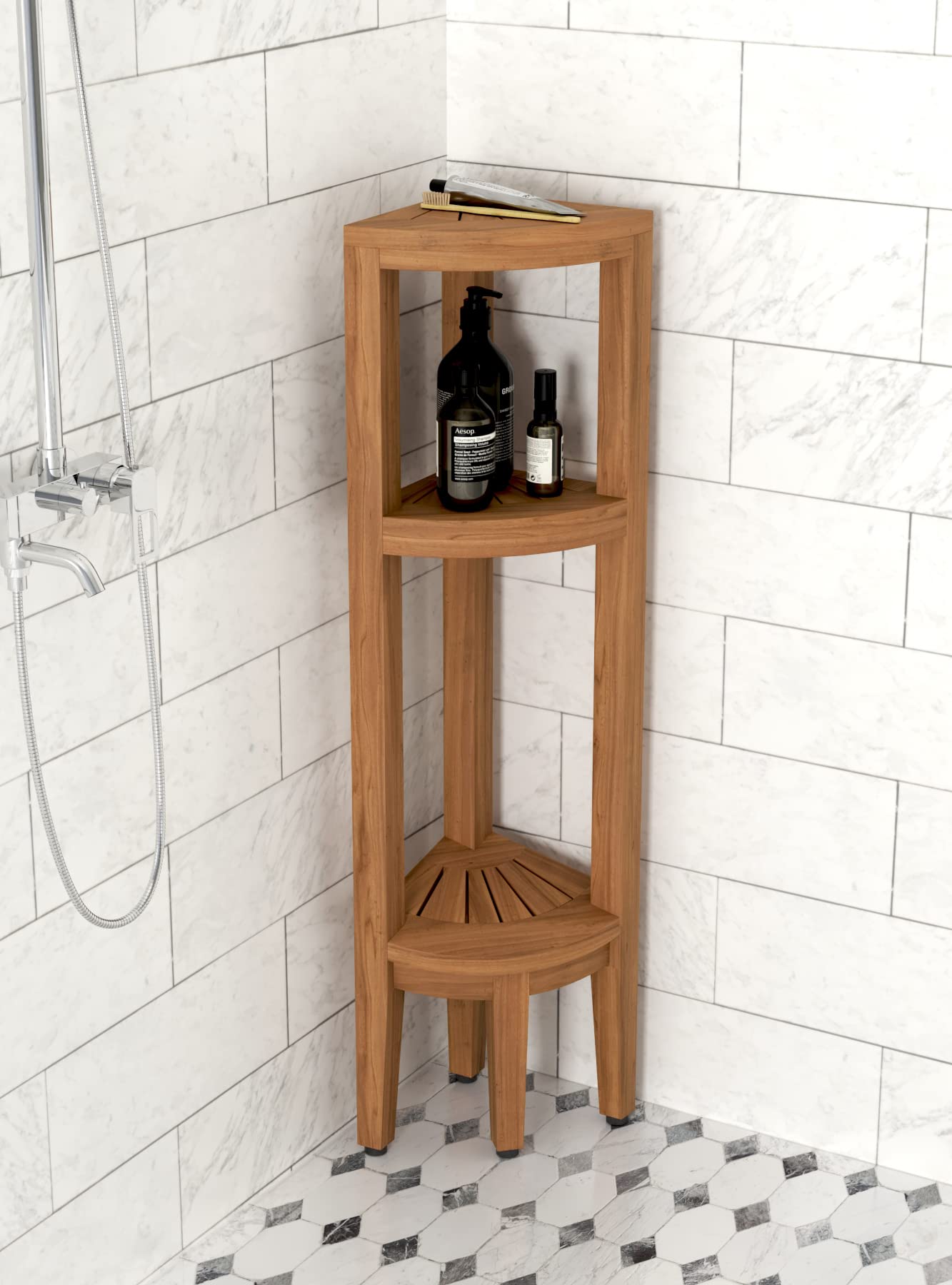 AquaTeak Kai Teak Corner Bath Shelf with Angled Shaving & Washing Foot Rest