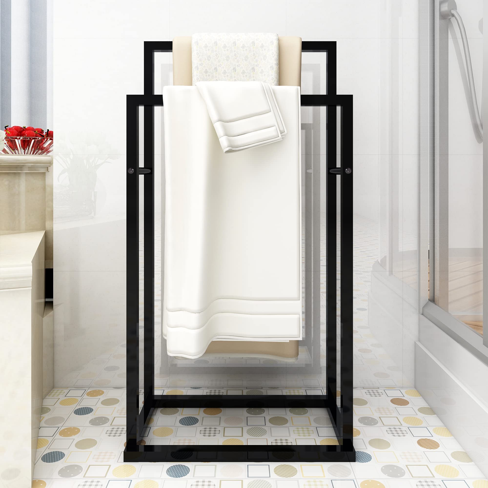 HAHRIR 2-Tier Metal Towel Rack Modern Freestanding Black Towel Rack, Bathroom Metal Storage Towel Rack, Black