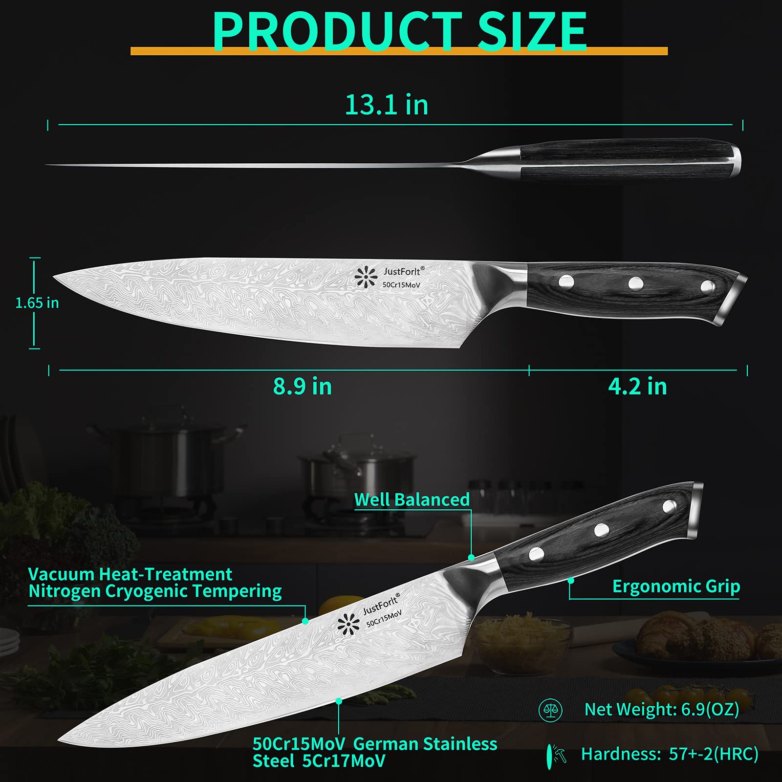 JUSTFORIT Chef Knife - 8 inch Pro Kitchen Knives - Ultra Sharp German High Carbon Stainless Steel Cooking Knife, Japanese Chopping Knife with Sheath and Ergonomic Handle and Gift Box