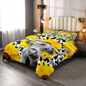 Feelyou Highland Cow Comforter Set Sunflower Cow Skin Decor Bedding Set for Kids Boys Girls Grey Bull Cattle Comforter Western Funny Animal Quilt Set Room 2Pcs Twin Size