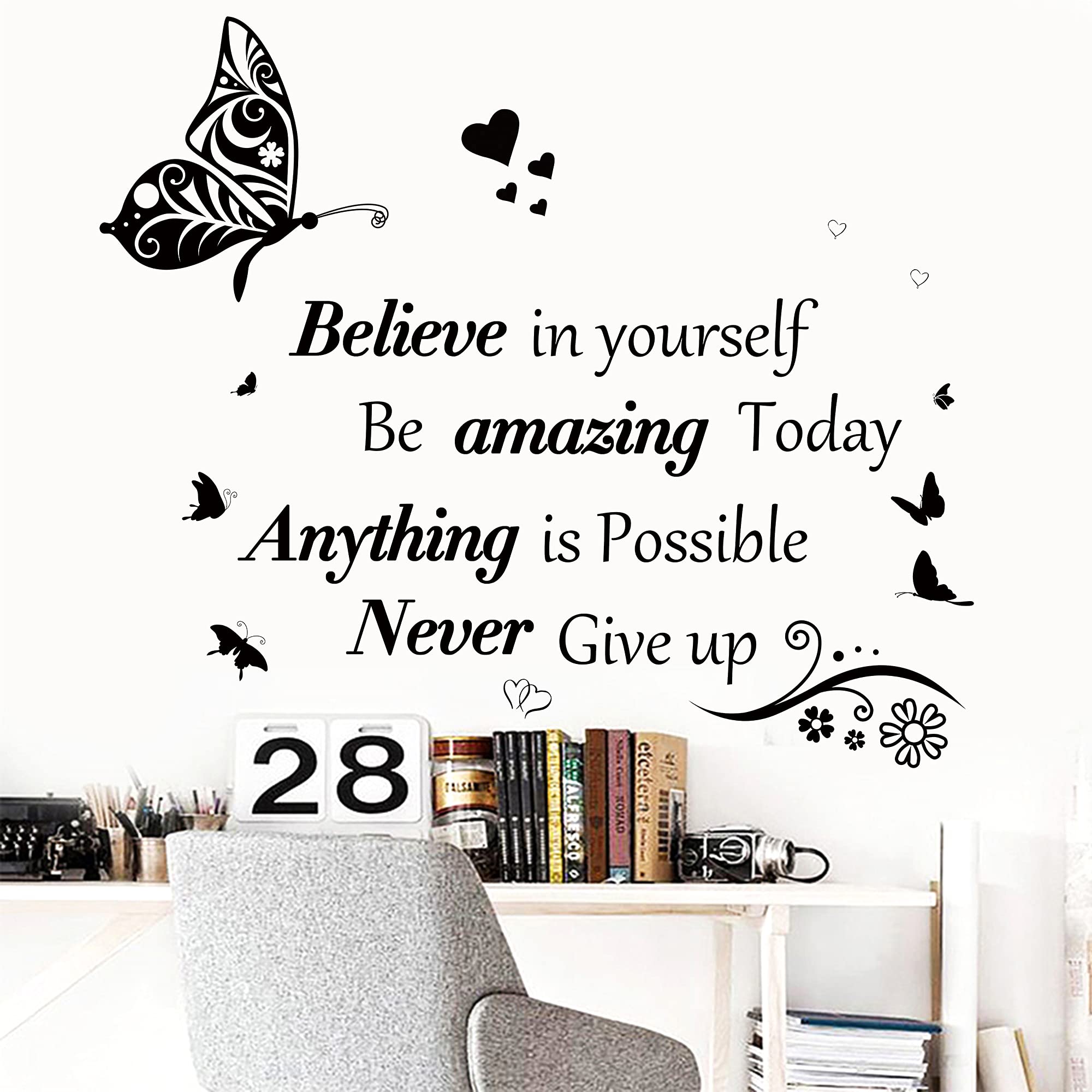 Inspirational Wall Stickers Quotes Letter Wall Art Stickers Motivational Removable Wall Decor Positive Word Butterfly decals Peel and Stick for Bedroom Living Room Hallways Family Office Classroom