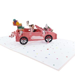 "Just Married" Pink Cadillac Wedding Car with Bride and Groom Pop Up Card for Marriage, Engagement, Anniversary, Valentines Day