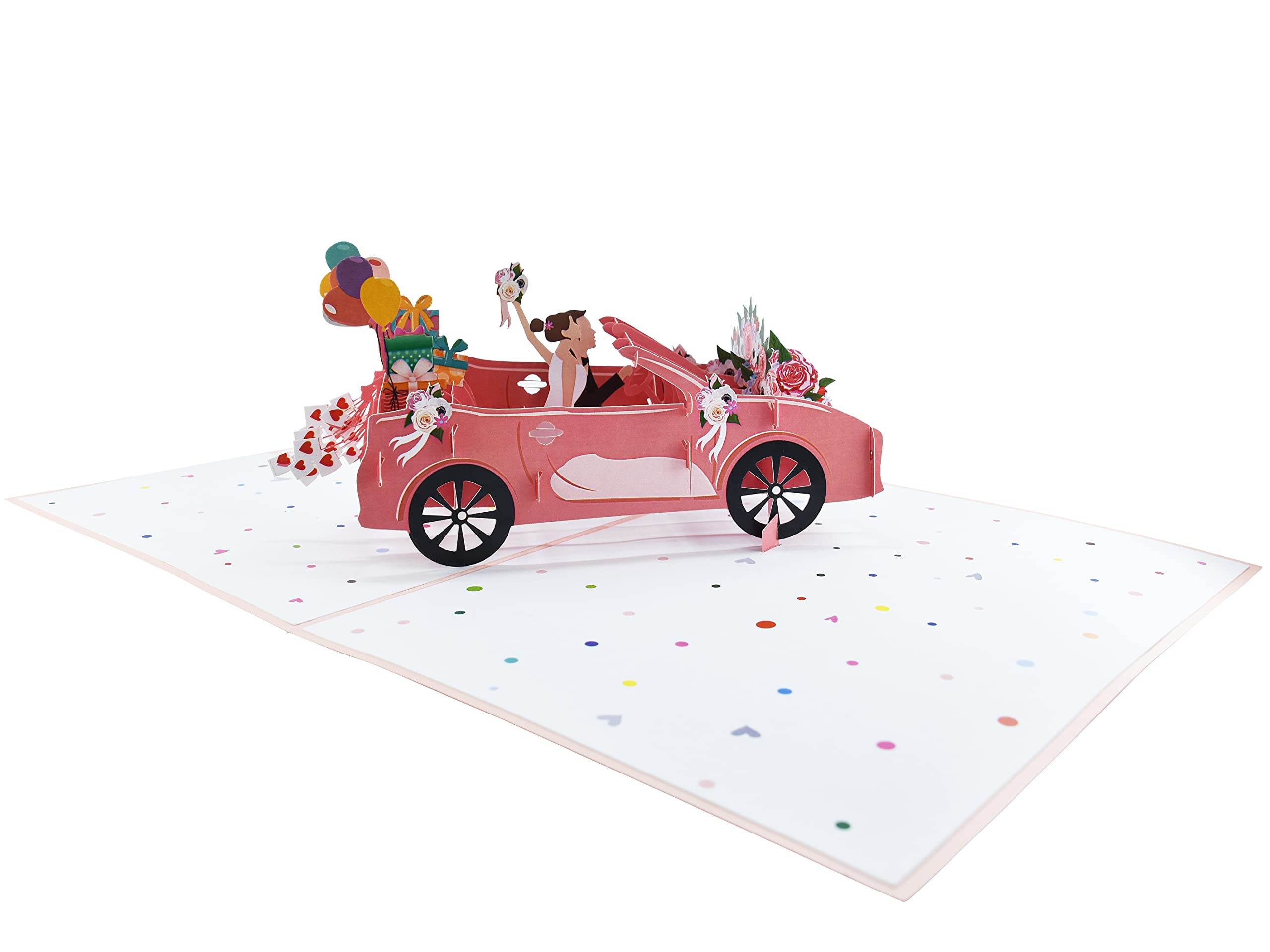 "Just Married" Pink Cadillac Wedding Car with Bride and Groom Pop Up Card for Marriage, Engagement, Anniversary, Valentines Day