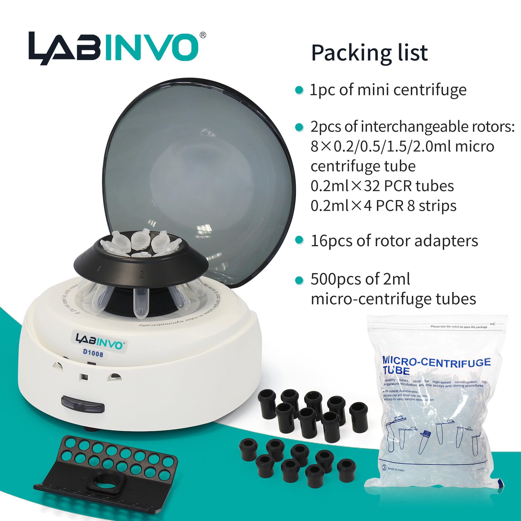 LABINVO 8-Place Mini Centrifuge Set, 7000RPM Benchtop Centrifuge Machine,2 Interchangeable Rotors,0.2mL×32 PCR Strips &0.2mL×4 PCR 8 Strips, with 500pcs of 2ml Micro-centrifuge Tubes, IN-MPS001