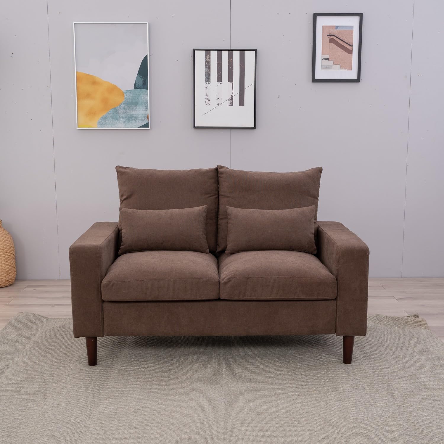 Panana Small Loveseat Sofa Upholstered Couch Modern Linen 2 Seater Love Seats for Living Room, Apartment, Small Space, Brown