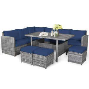 tangkula 7 pieces patio furniture set, outdoor sectional rattan sofa set with cushions, all weather wicker conversation couch set w/dining table & ottomans for backyard garden poolside (navy blue)