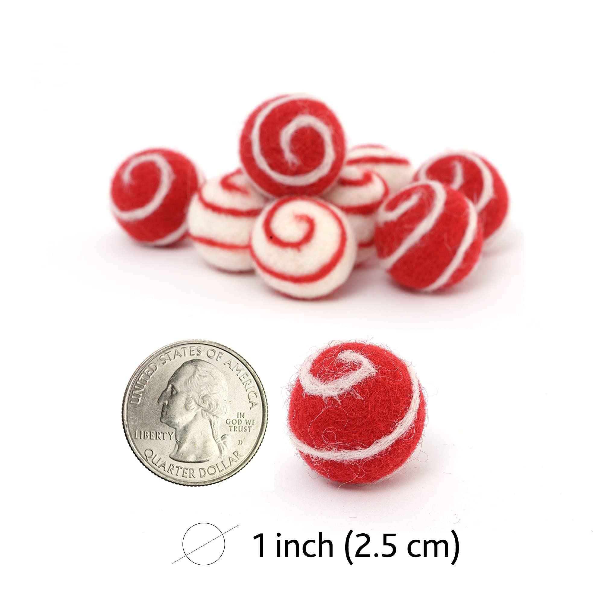 Glaciart One Wool Felt Balls Swirls (10 Pieces) 2.5 Centimeters - 1 Inch, Handmade Felted Valentines and Christmas Colors - Bulk Small Puff for Felting and Garland