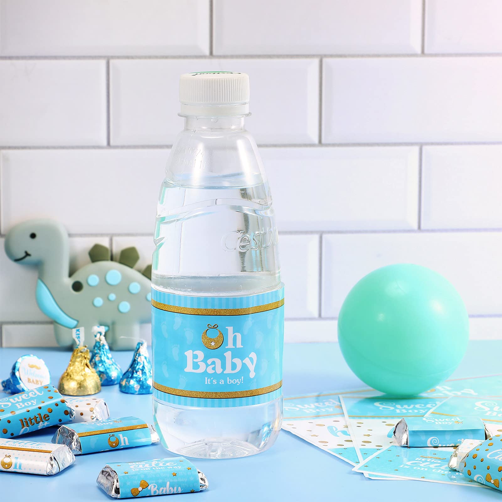 39 Pieces Baby Shower Water Bottle Labels Shower Water Bottle Stickers Wrappers Waterproof Baby Shower Labels for Baby Shower Party Decoration (Blue Boy Style)