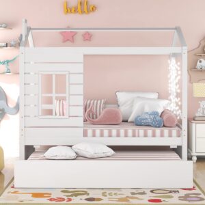 Merax House Bed with Trundle, Window and Roof, Twin Size Wood Bunk Bed Daybed Can be Decorated for Girls, Boys (White)