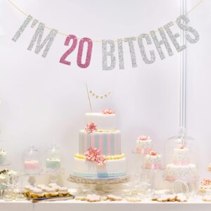 Glitter I'm 20 Bitches Banner Happy 20th Birthday Banner 20th Anniversary Girl's 20th Birthday Party Decorations Silver & Pink