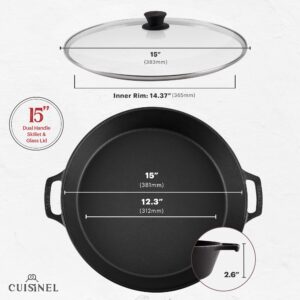 Cuisinel Cast Iron Skillet + Glass Lid + Red Chainmail Scrubber - 15"-Inch Dual Handle Braiser Frying Pan + Silicone Handle Covers - Pre-Seasoned Oven, Grill, Stovetop, Fire Cookware - Indoor/Outdoor