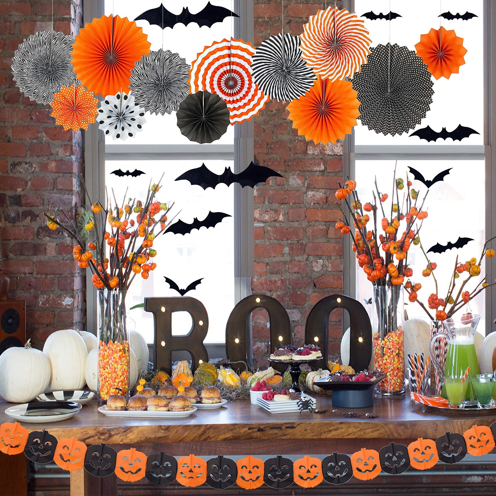 Halloween Party Decorations, Black Orange Party Hanging Paper Fans, Pumpkin Smile Party Banner, 3D Bats Wall Stickers for Halloween Themed Birthday Party Background Classroom Decorations Home Decors