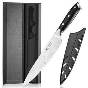 justforit chef knife - 8 inch pro kitchen knives - ultra sharp german high carbon stainless steel cooking knife, japanese chopping knife with sheath and ergonomic handle and gift box