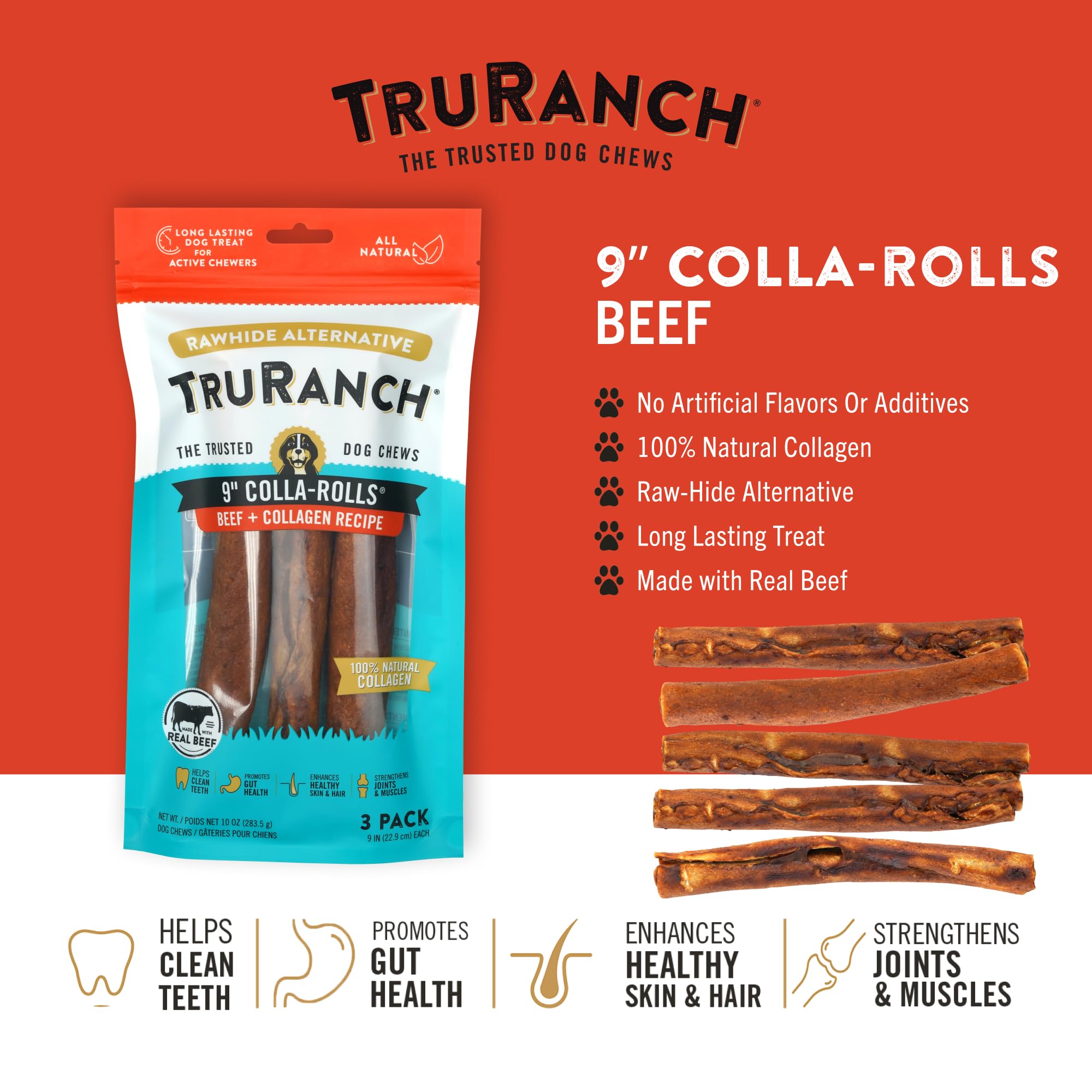 TRURANCH 9" Collagen Roll, Beef - 3 Pack