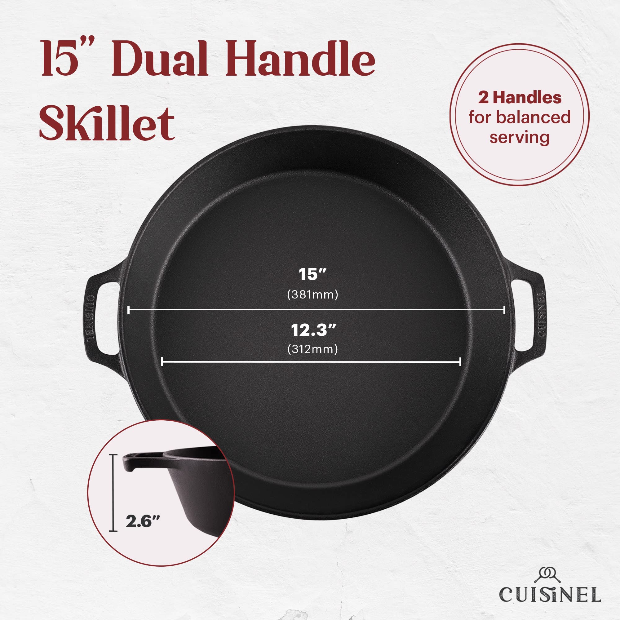 Cuisinel Cast Iron Skillet + Chainmail Scrubber - 15"-Inch Pre-Seasoned Dual Handle Braiser Frying Pan + Silicone Handle Covers - Oven, Grill, Stovetop, Fire, Kitchen Cookware - Indoor/Outdoor Use