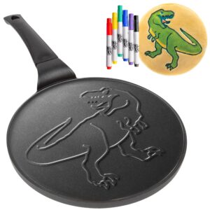 jumbo dinosaur pancake pan - make giant 10" jurassic pancakes for magical kid's dino christmas breakfast - includes 6 edible markers for added family fun - non stick griddle, cool unique holiday gift