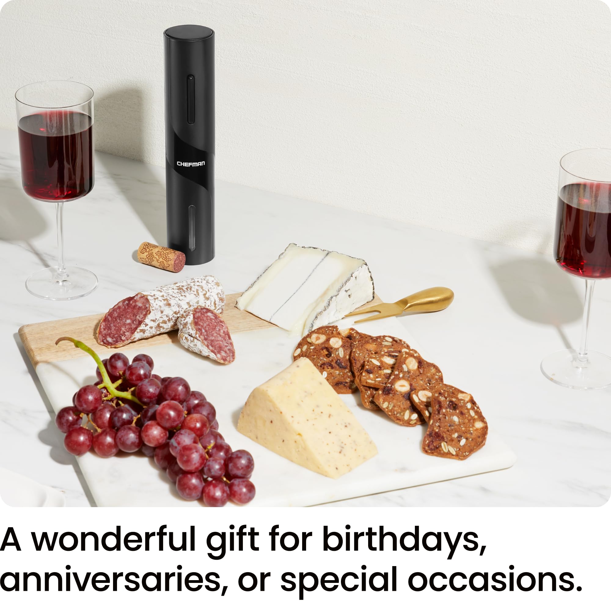 Chefman Electric Wine Opener Makes Opening Bottles Fast, Foolproof, And Fun! Black, Battery-Operated 4-Piece Corkscrew Set Comes With A Foil Cutter, Pourer, And Vacuum Stopper