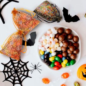 Shappy 200 Pcs Halloween Organza Bags Bulk 4 x 6" Spider Web Treat Bags Black Rattan Halloween Drawstring Candy Gift Bag for Tick or Treat Party