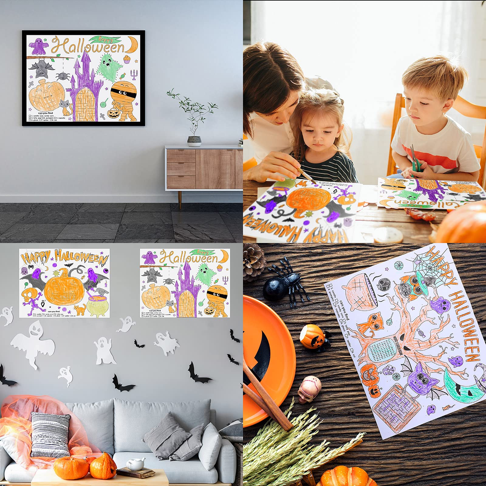 24 Pieces Halloween Paper Placemats Halloween Coloring Paper Placemats Pumpkin Ghost Kitchen Mats Coloring Activity Paper Table Mats for Halloween Party Home Table Supplies, 14 x 11 Inches, 4 Styles