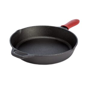 country living pre-seasoned cast iron skillet, oven safe frying pan with silcone helper handle, durable indoor and outdoor cookware, 10 inch, black