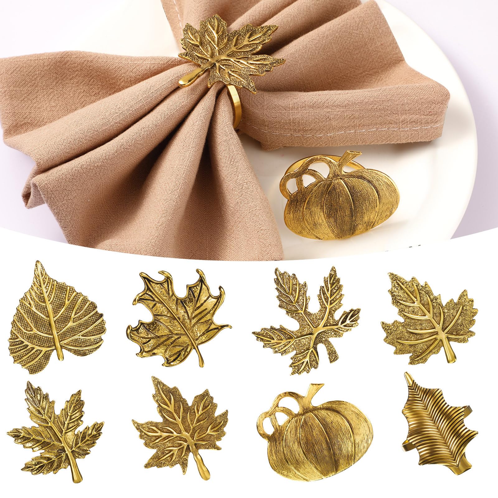 Patelai 8 Pieces Thanksgiving Napkin Ring Set Including Halloween Pumpkin Napkin Holders Fall Leaf Napkin Rings Vintage Alloy Napkin Holder Buckle Thanksgiving Holiday Halloween Wedding Supplies