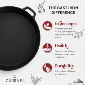 Cuisinel Cast Iron Skillet + Chainmail Scrubber Cleaner - 17"-Inch Dual Handle Braiser Frying Pan + Silicone Handle Covers - Pre-Seasoned Oven, Grill, BBQ, Stovetop, Fire Cookware - Indoor/Outdoor Use