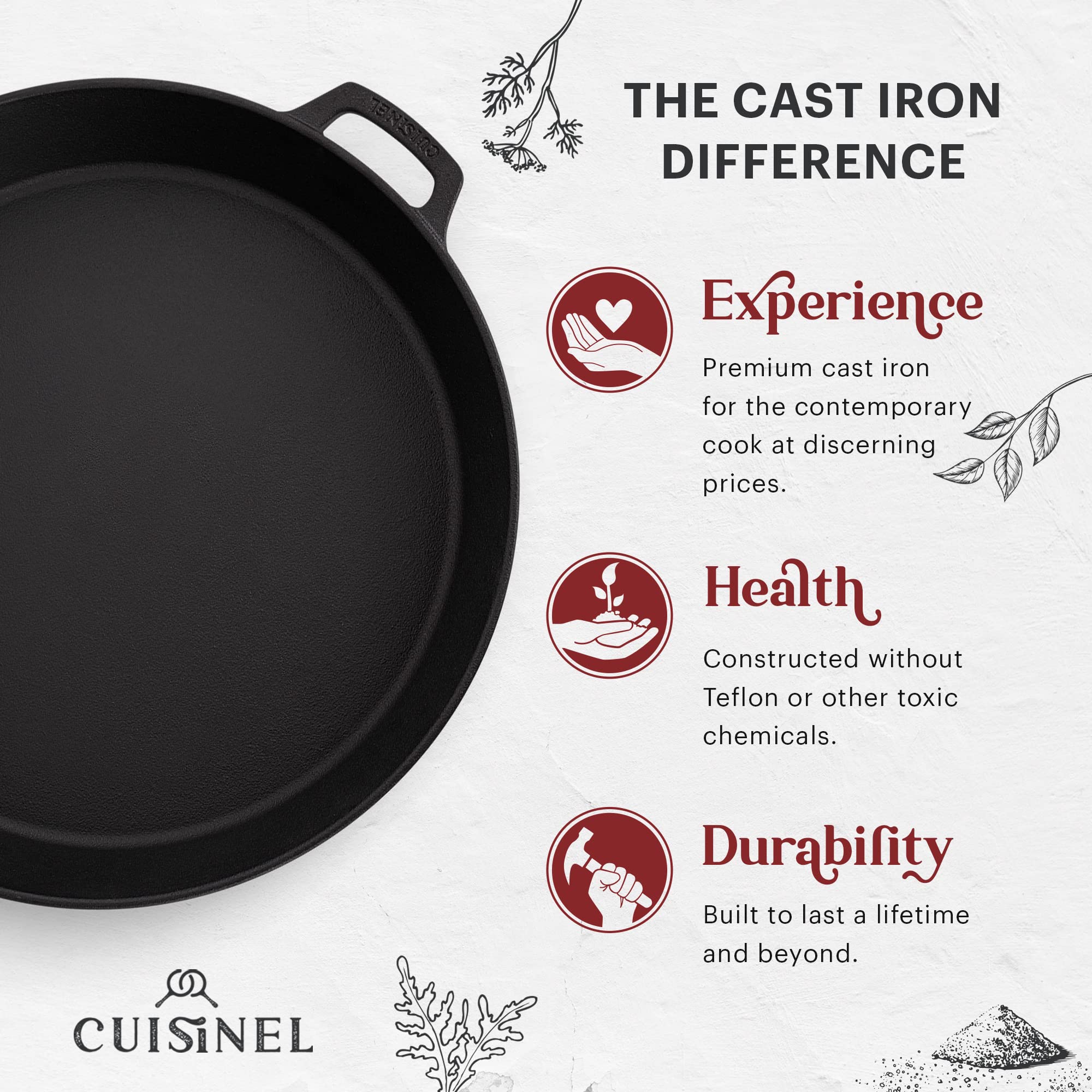 Cuisinel Cast Iron Skillet + Chainmail Scrubber Cleaner - 17"-Inch Dual Handle Braiser Frying Pan + Silicone Handle Covers - Pre-Seasoned Oven, Grill, BBQ, Stovetop, Fire Cookware - Indoor/Outdoor Use