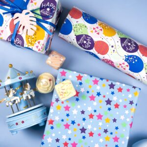 LeZakaa Reversible Birthday Wrapping Paper Jumbo Roll - Colorful Balloon & Stars - 24 inches x 100 Feet (200 sq.ft.)