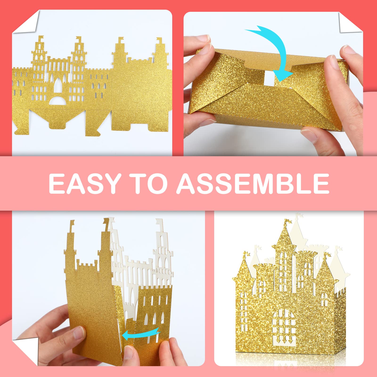 24 Pieces Gold Princess Castle Box Princess Birthday Party Decorations Gold Castle Table Centerpiece Glitter Princess Theme Party Supplies for Princess Birthday Baby Shower Party Favor Decorations