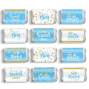 baby shower candy wrappers, shower mini candy bar miniatures wrappers chocolate bar label stickers for boys girls kids baby shower decor (no candy)(blue boy style, 90 pieces)