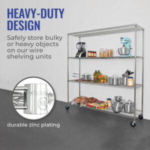 SafeRacks - NSF Certified Storage Shelves, Zinc, Heavy Duty Steel Wire Unit with Wheels and Adjustable Feet, Garage or Bakers Rack, Kitchen, Pantry Shelf - (18"x72"x72" 4-Tier) (Silver)