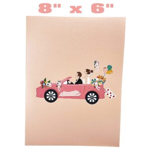 "Just Married" Pink Cadillac Wedding Car with Bride and Groom Pop Up Card for Marriage, Engagement, Anniversary, Valentines Day