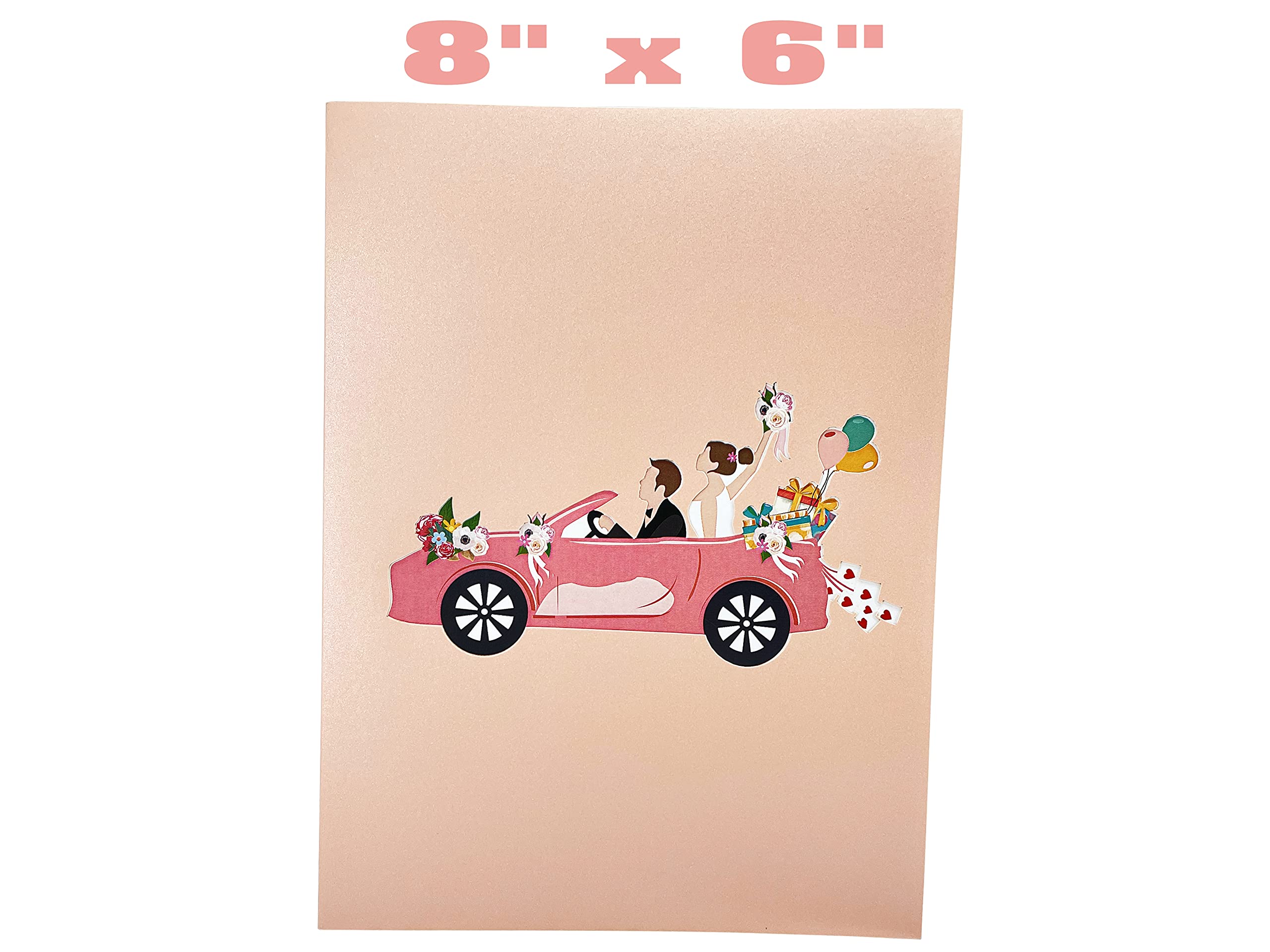 "Just Married" Pink Cadillac Wedding Car with Bride and Groom Pop Up Card for Marriage, Engagement, Anniversary, Valentines Day