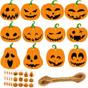 julbear 60pcs 12 styles halloween pumpkin cutouts gift tags paper wrapping hanging treat ornaments labels with string for halloween candy bags classroom bulletin board decorations (style a)