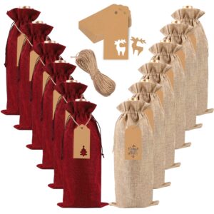 joicee 12pcs burlap wine gift bags, burlap jute wine bottle covers bags reusable jute wine bags with drawstring for christmas wedding party