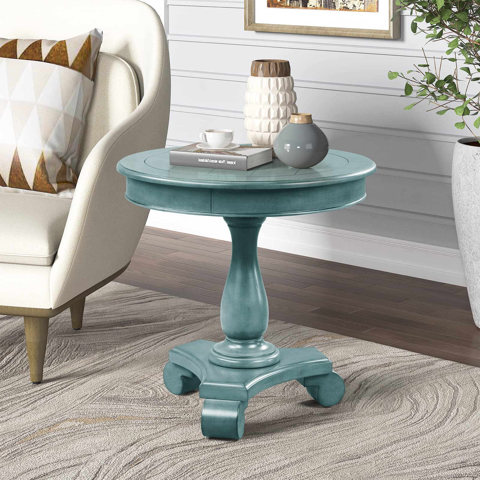 Morden Fort Round Pedestal Side End Table 26" Small Accent Wooden Coffee Nightstand Table for Living Room and Bed Room Foyer Office Small Spaces Antique Teal