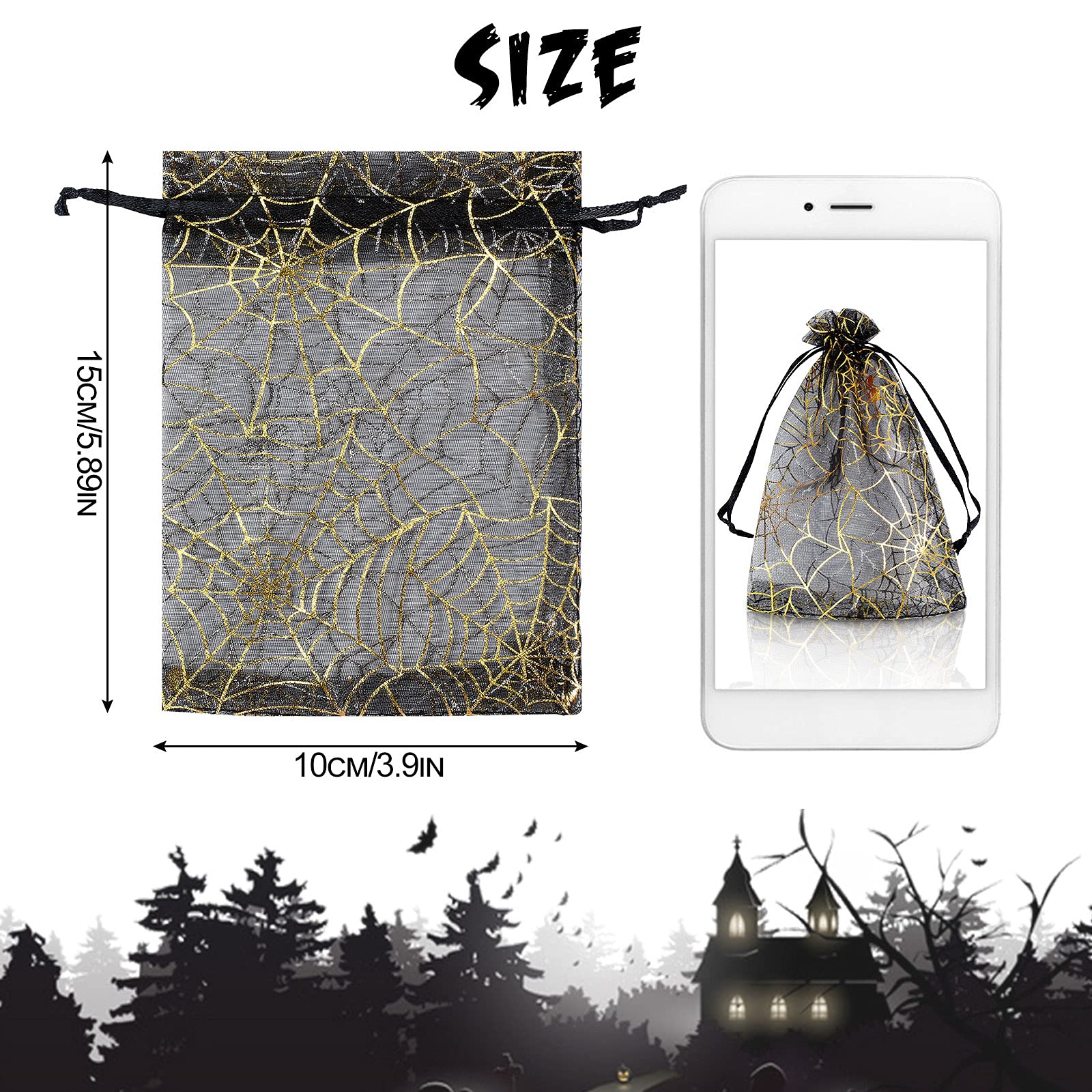 Shappy 200 Pcs Halloween Organza Bags Bulk 4 x 6" Spider Web Treat Bags Black Rattan Halloween Drawstring Candy Gift Bag for Tick or Treat Party