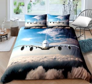 jingzhang aircraft duvet cover flying plane bedding set for kids boys girls children airplane print comforter cover ultra soft decor bedspread cover queen size