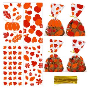 JOICEE 120PCS Fall Cellophane Bags, Maple Leave Cellophane Treat Candy Bags with Twist for Thanksgiving Halloween Party Favor…