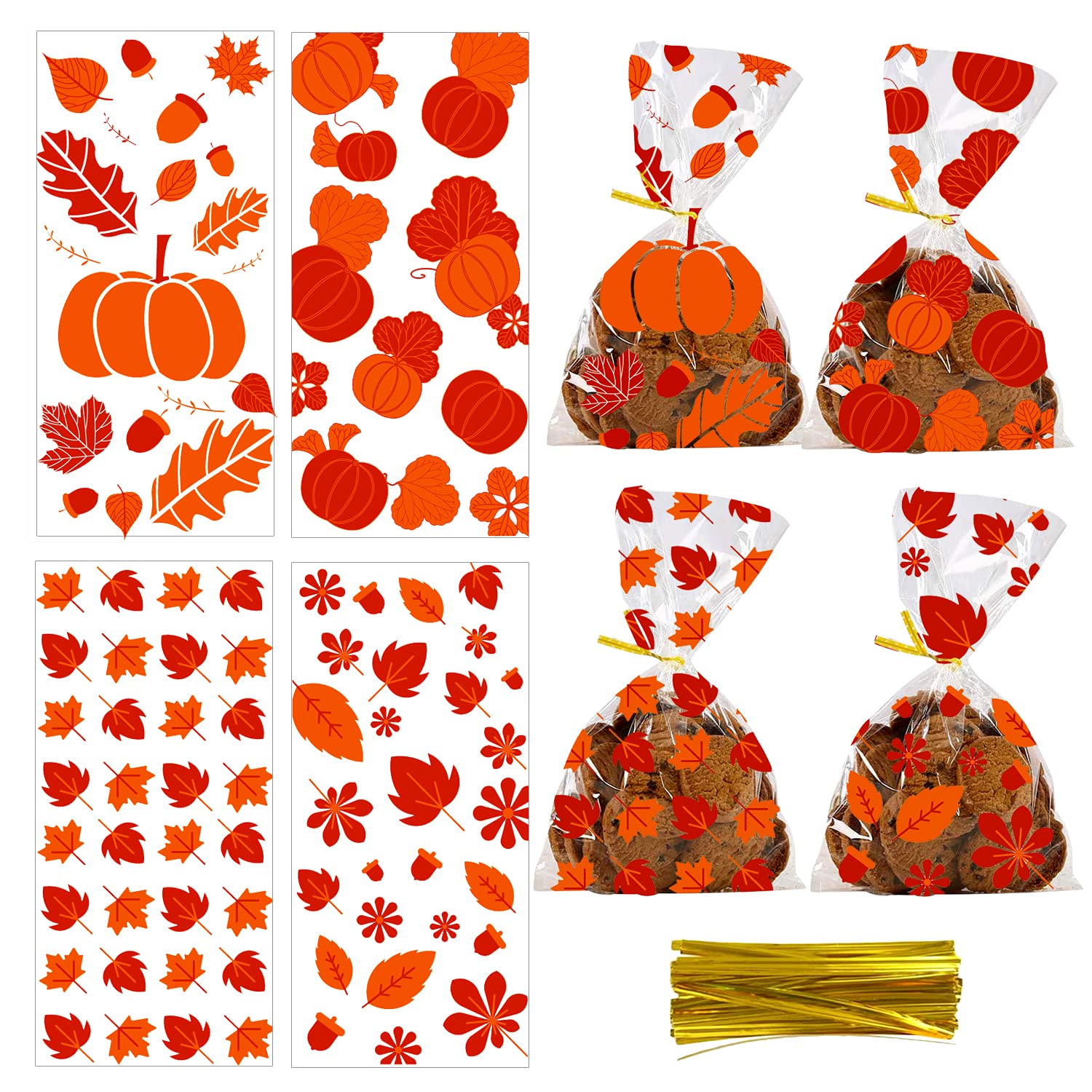 JOICEE 120PCS Fall Cellophane Bags, Maple Leave Cellophane Treat Candy Bags with Twist for Thanksgiving Halloween Party Favor…