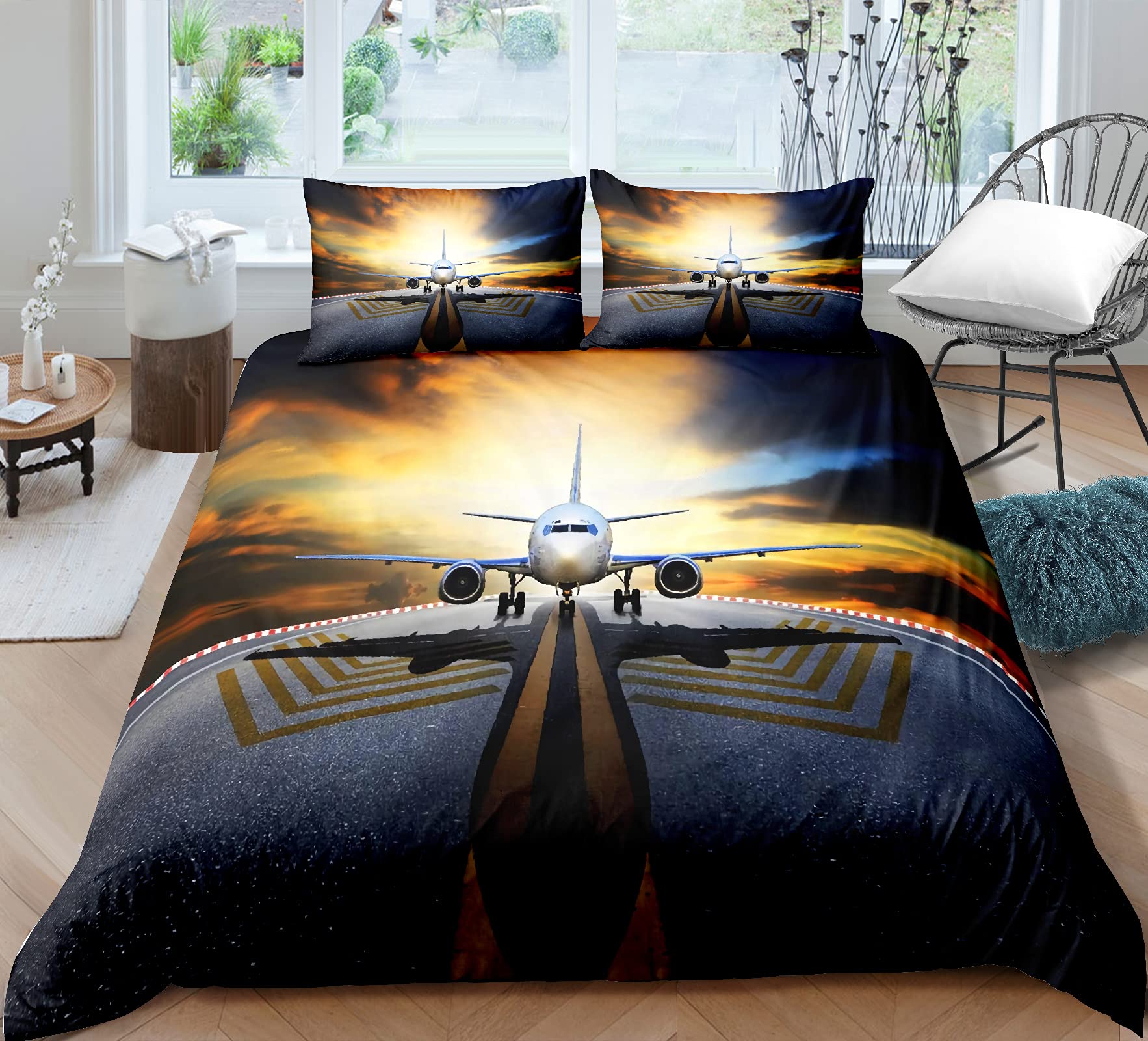 Jingzhang Airplane Duvet Cover Set, Decorative 2 Piece Bedding Set with 1 Pillow Shams,Twin Size